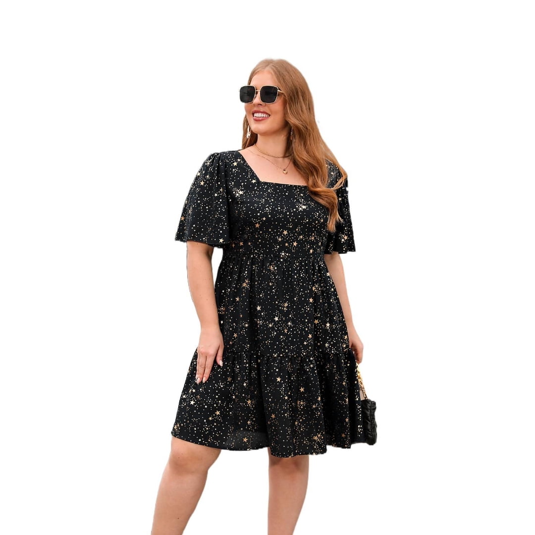 AURA Plus Size Midi Dress Square Neck Flutter Sleeve High Waist A Line ...