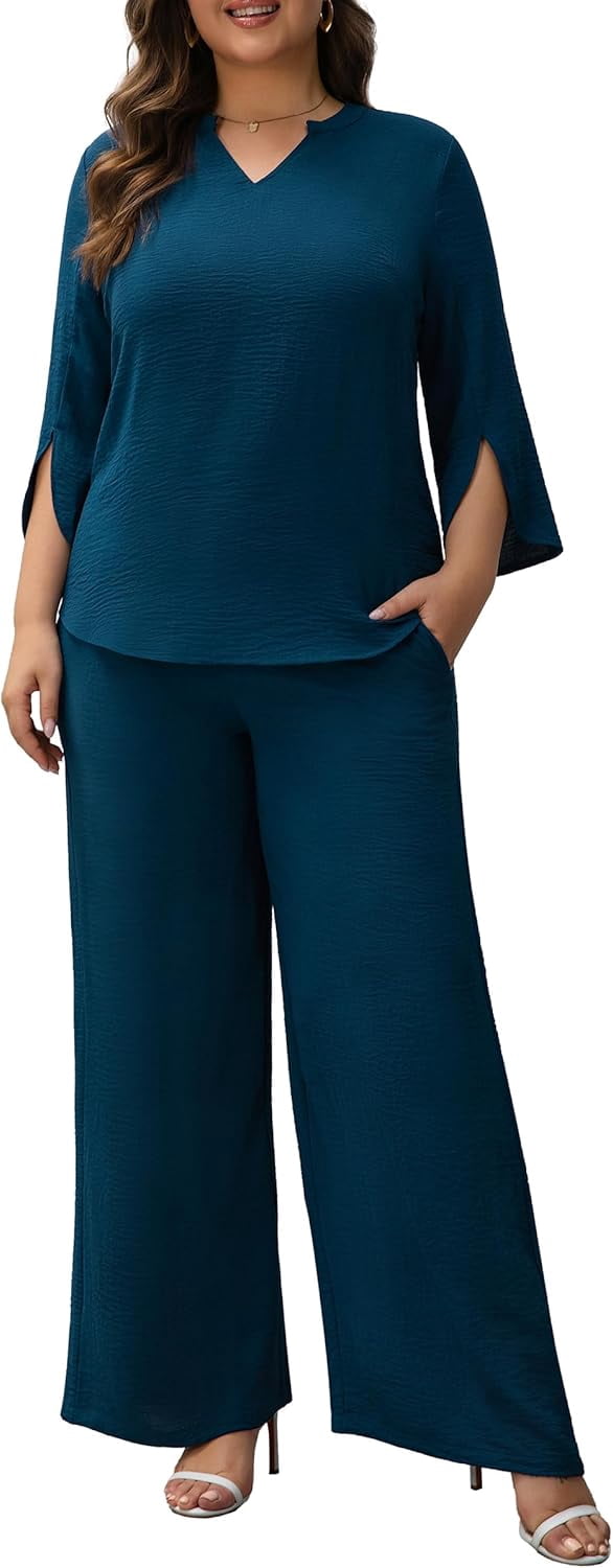 AURA Plus Size Pants Suits for Women Dressy 2 Piece Sets with 3/4 ...