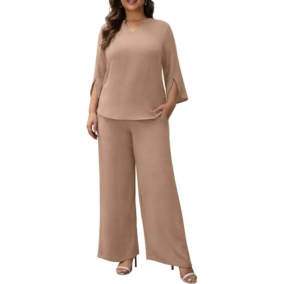 AURA Plus Size Pants Suits for Women Dressy 2 Piece Sets with 3/4 ...