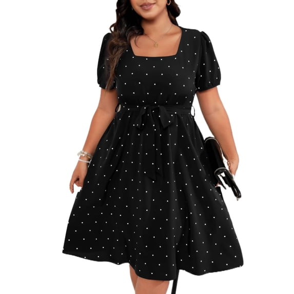 AURA Plus Size Polka Dot A Line Midi Dress Square Neck Lantern Sleeve ...