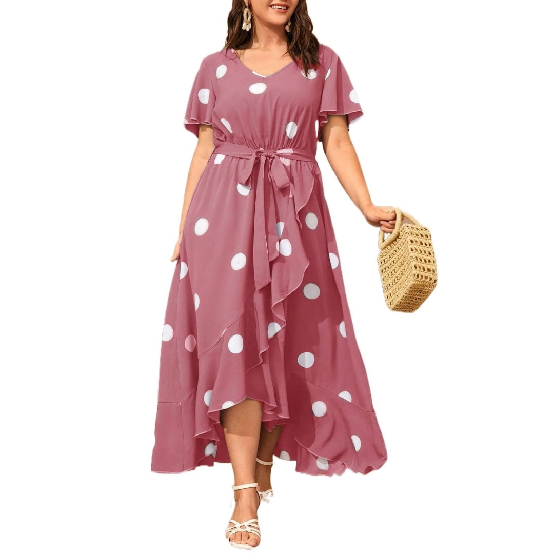 AURA Plus Size Polka Dot Midi Dress V Neck Ruffle Trim Three Quarter ...