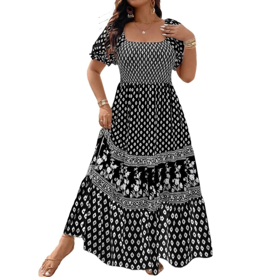 AURA Plus Size Printed Dress Square Neck Puff Sleeve Summer Leisure ...
