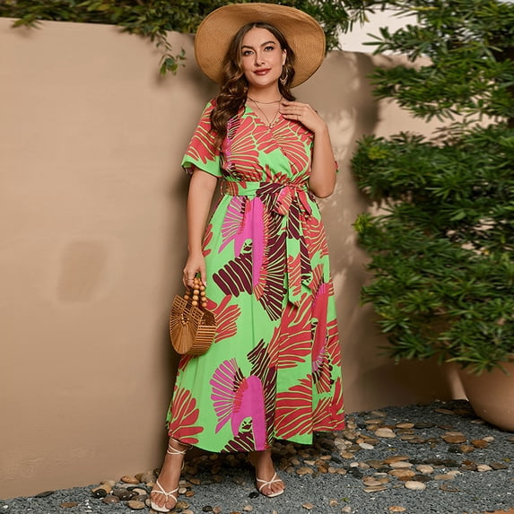 AURA Plus Size Retro Geometric Maxi Dress V Neck Short Sleeve Elastic ...