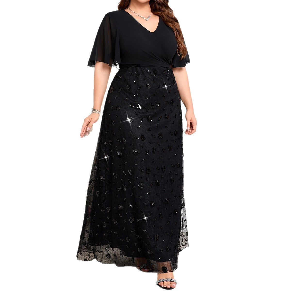 AURA Plus Size Sequin Chiffon Evening Dress 0XL-4XL Elegant Deep V Gown ...