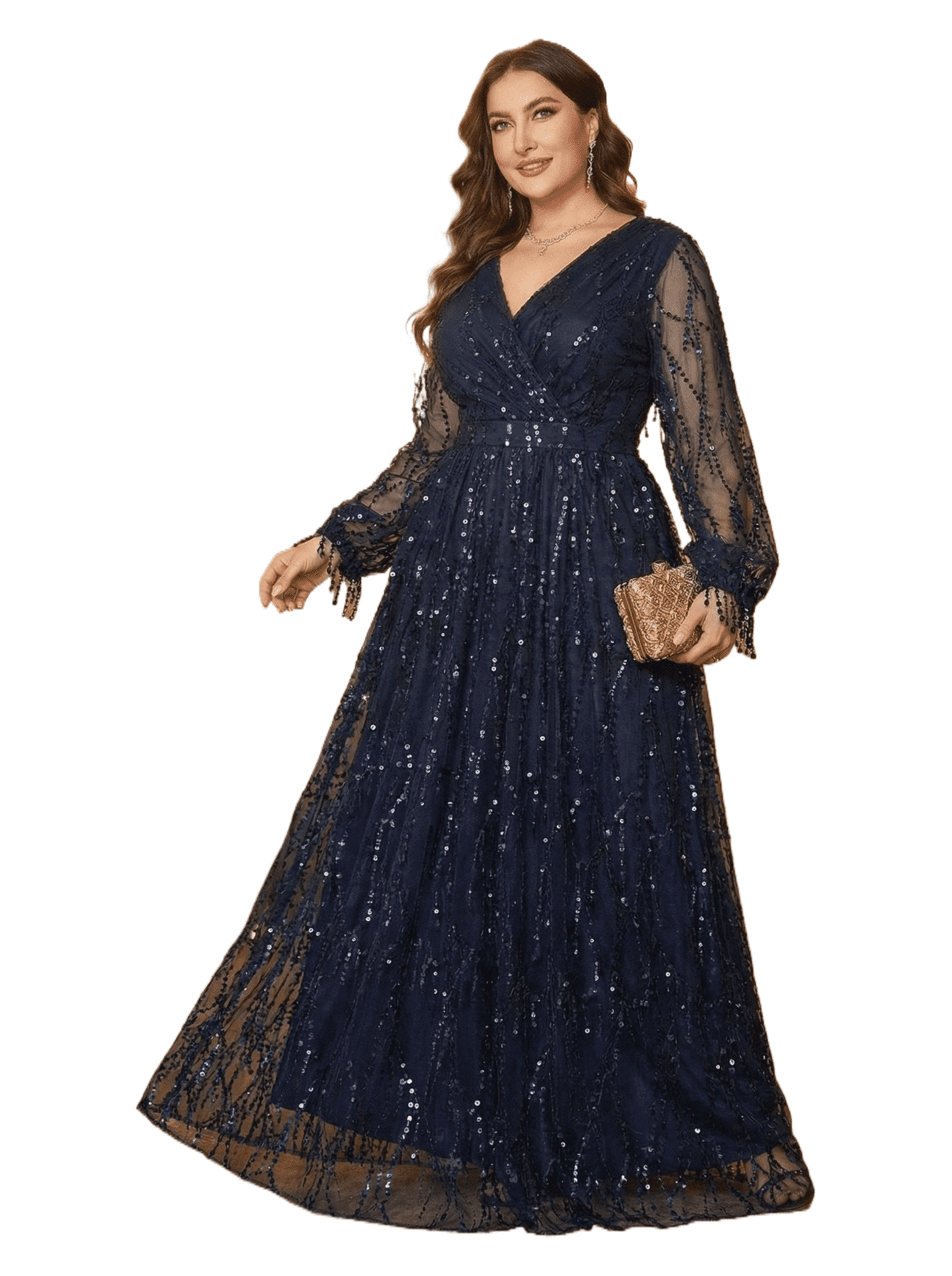 AURA Plus Size Sequin Maxi Dress V Neck Long Sleeve Gown 0XL-5XL ...