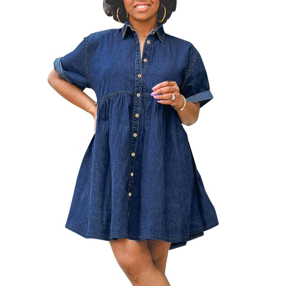 AURA Plus Size Washed Denim Tutu Dress Short Sleeve Collared Midi ...