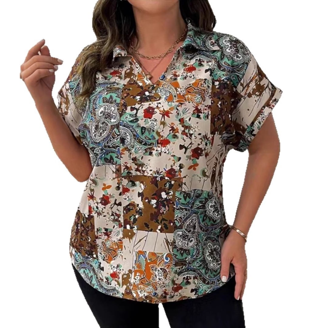 AURA Plus Size Women Floral Print Top Short Sleeve Polyester Pullover ...
