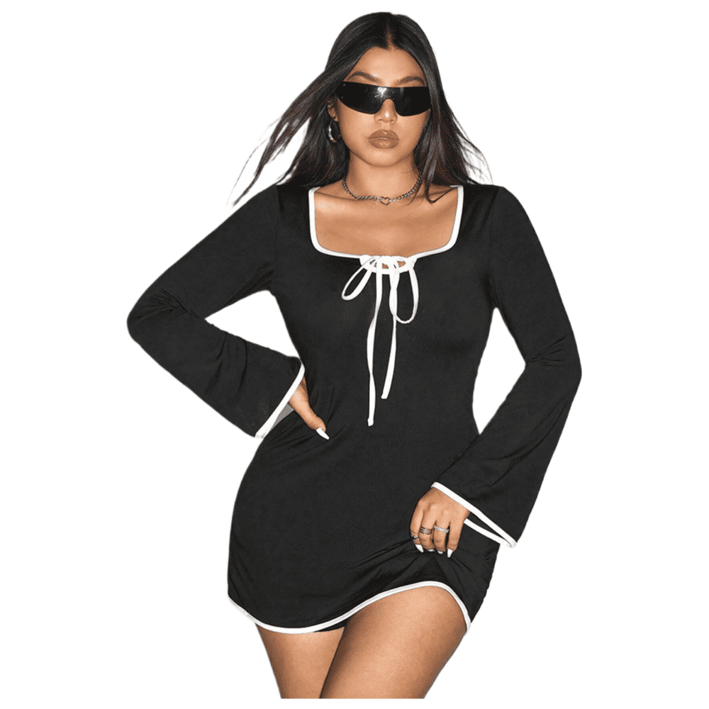 AURA Plus Size Womens Black Square Neck Contrast Color Mini Dress Bell ...