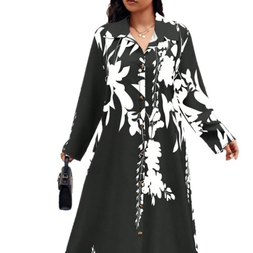 AURA Printed Long Dress Stand Up Collar Long Sleeve Work Commuting Fall ...