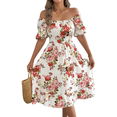 AURA Women Floral Off Shoulder Midi Dress Ruffle Short Sleeve A Line ...
