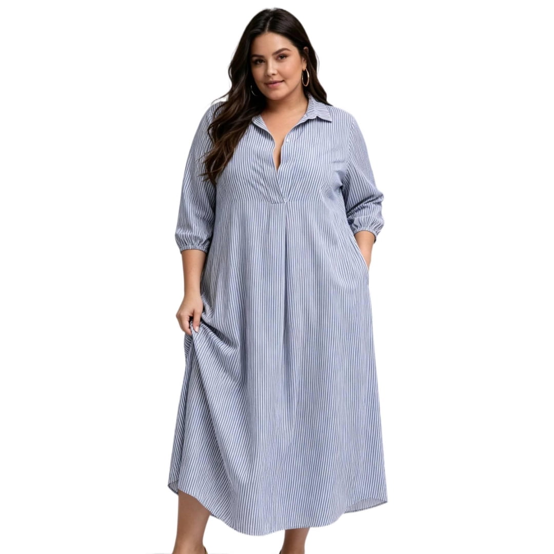 AURA Women Long Sleeve Dress V Neck Striped Tiered Maxi Dress Casual ...