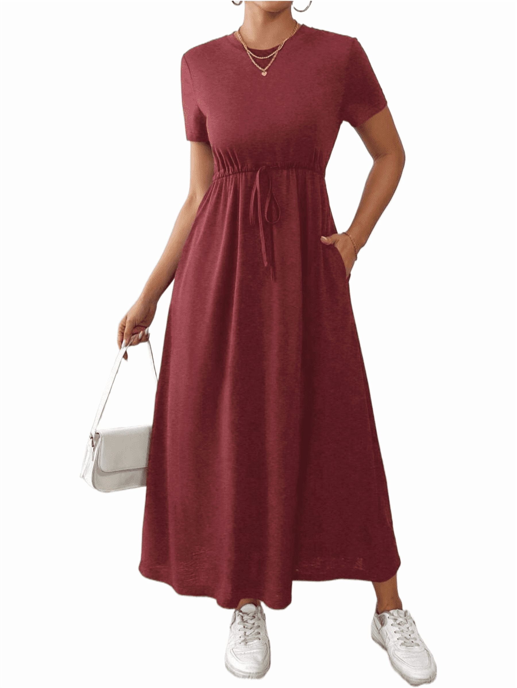AURA Women Midi Dress Crew Neck Drawstring Waist Casual Dress S-XXL ...