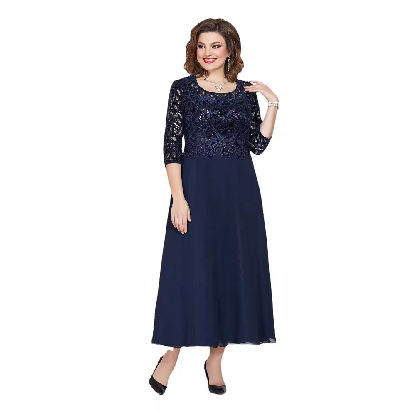 AURA Women Plus Size Chiffon Lace A Line Midi Dress Elegant Spring ...