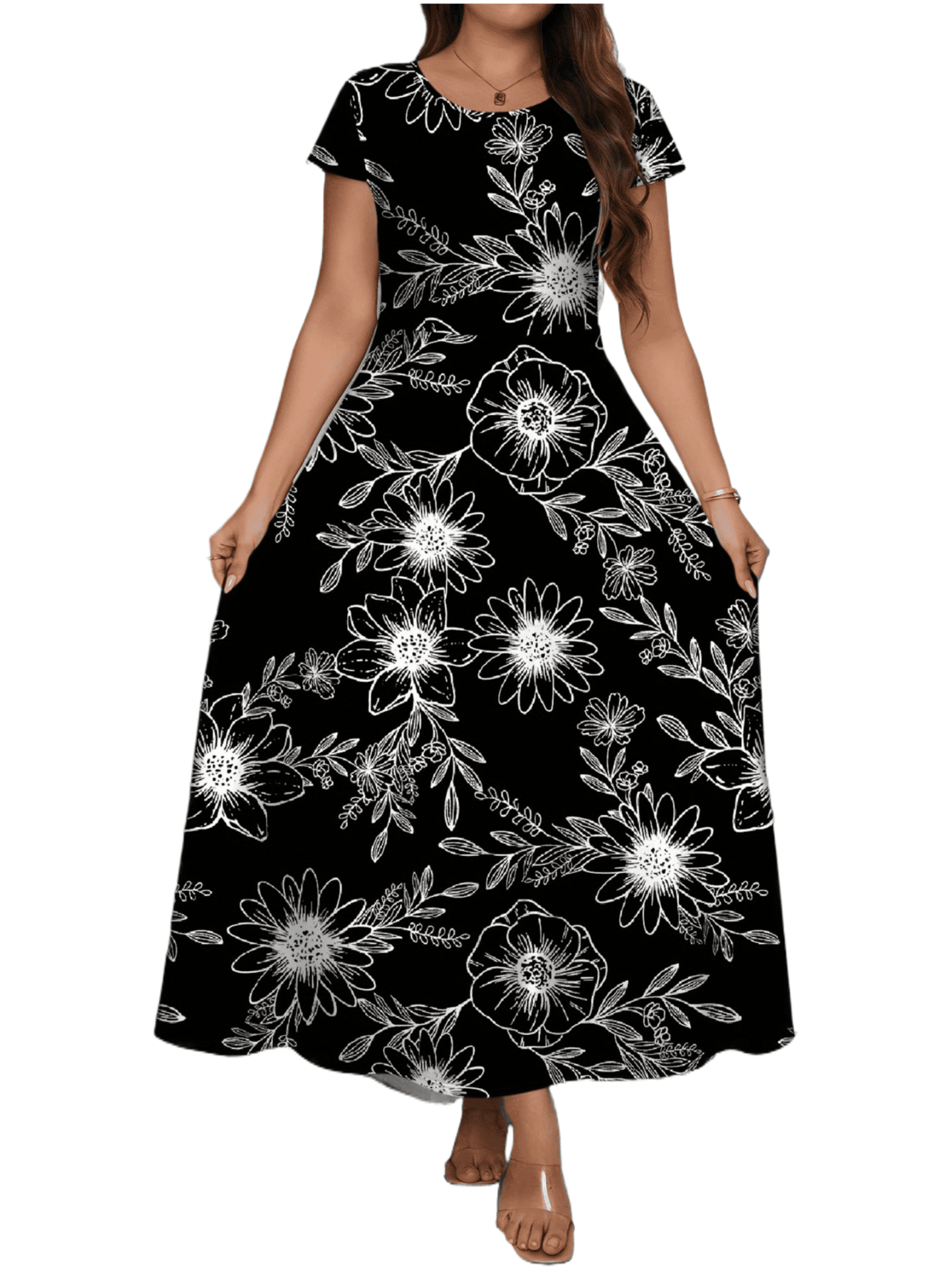 AURA Women Plus Size Elegant Floral A Line Dress 3/4 Sleeve Casual Long ...