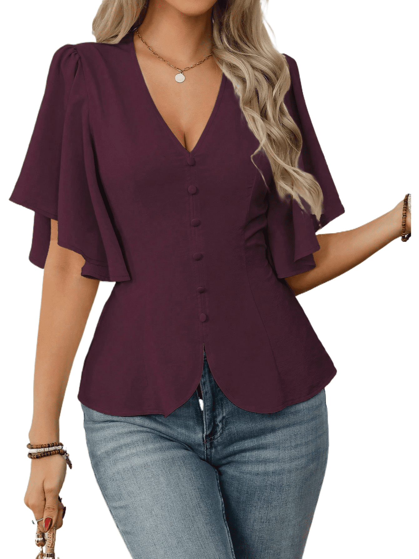 AURA Women V Neck Blouse Short Sleeve Work Top S-XXL Elegant Casual ...