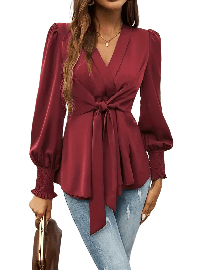 AURA Women V Neck Waist Tie Blouse S-XXL Long Sleeve Elegant Work Shirt ...