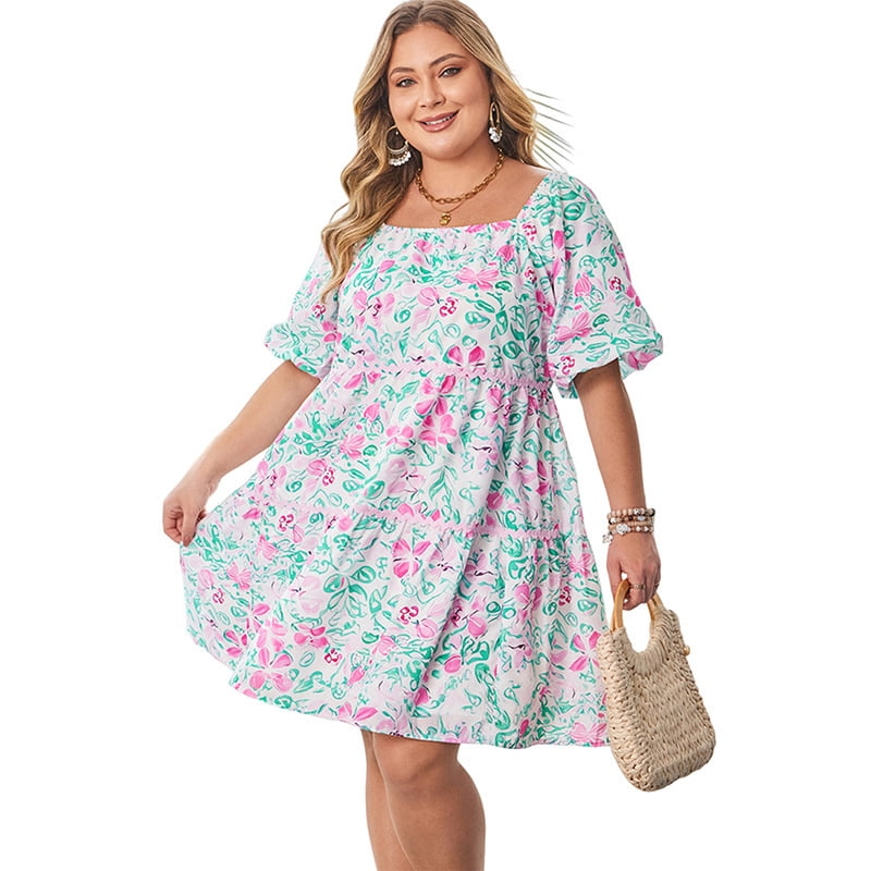 AURA Women’s A Line Dress Floral Print Square Neck High Waist Puff ...