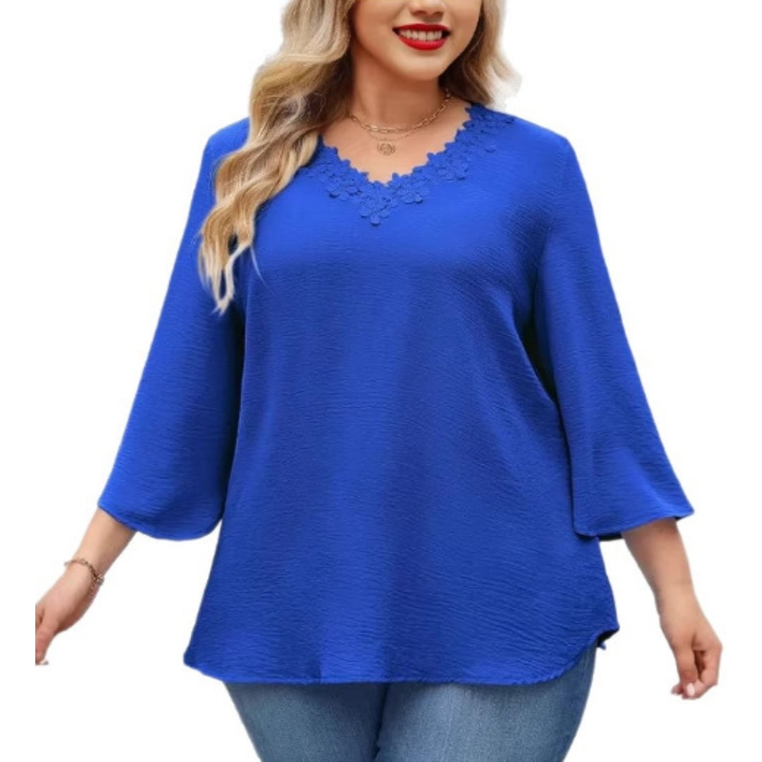 AURA Women's Blouse Plus Size V-Neck Lace Bell Sleeve Solid Color Loose ...