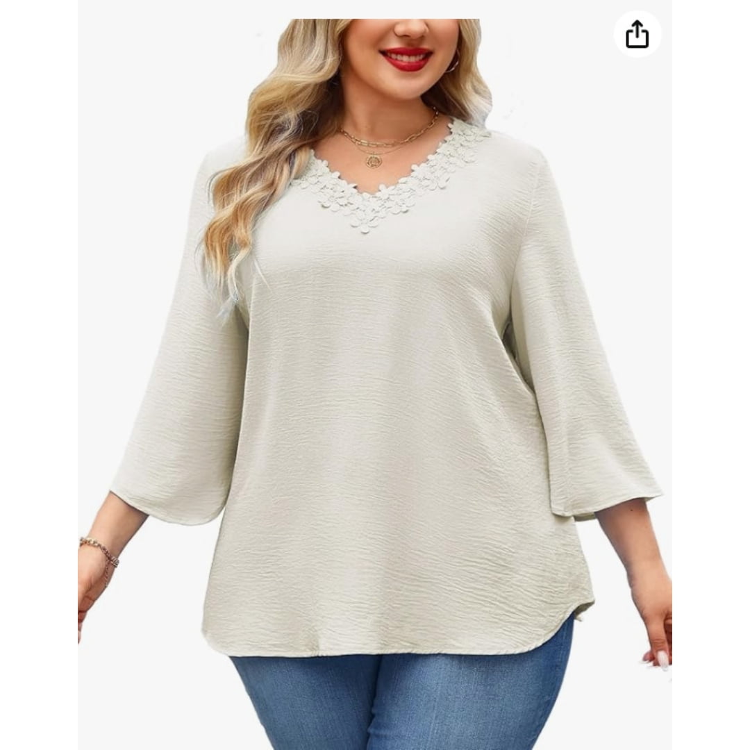 AURA Women's Blouse Plus Size V-Neck Lace Bell Sleeve Solid Color Loose ...