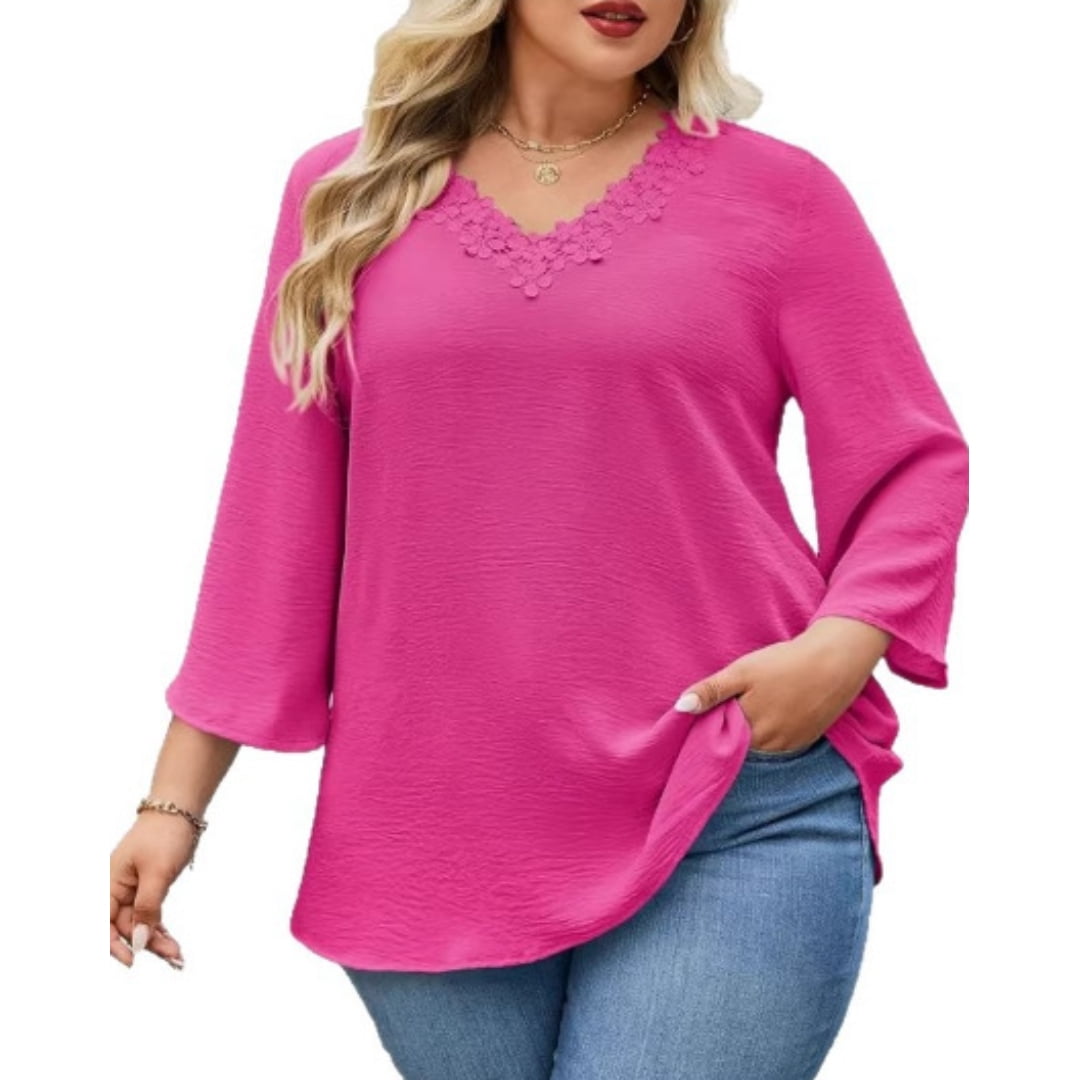 AURA Women's Blouse Plus Size V-Neck Lace Bell Sleeve Solid Color Loose ...