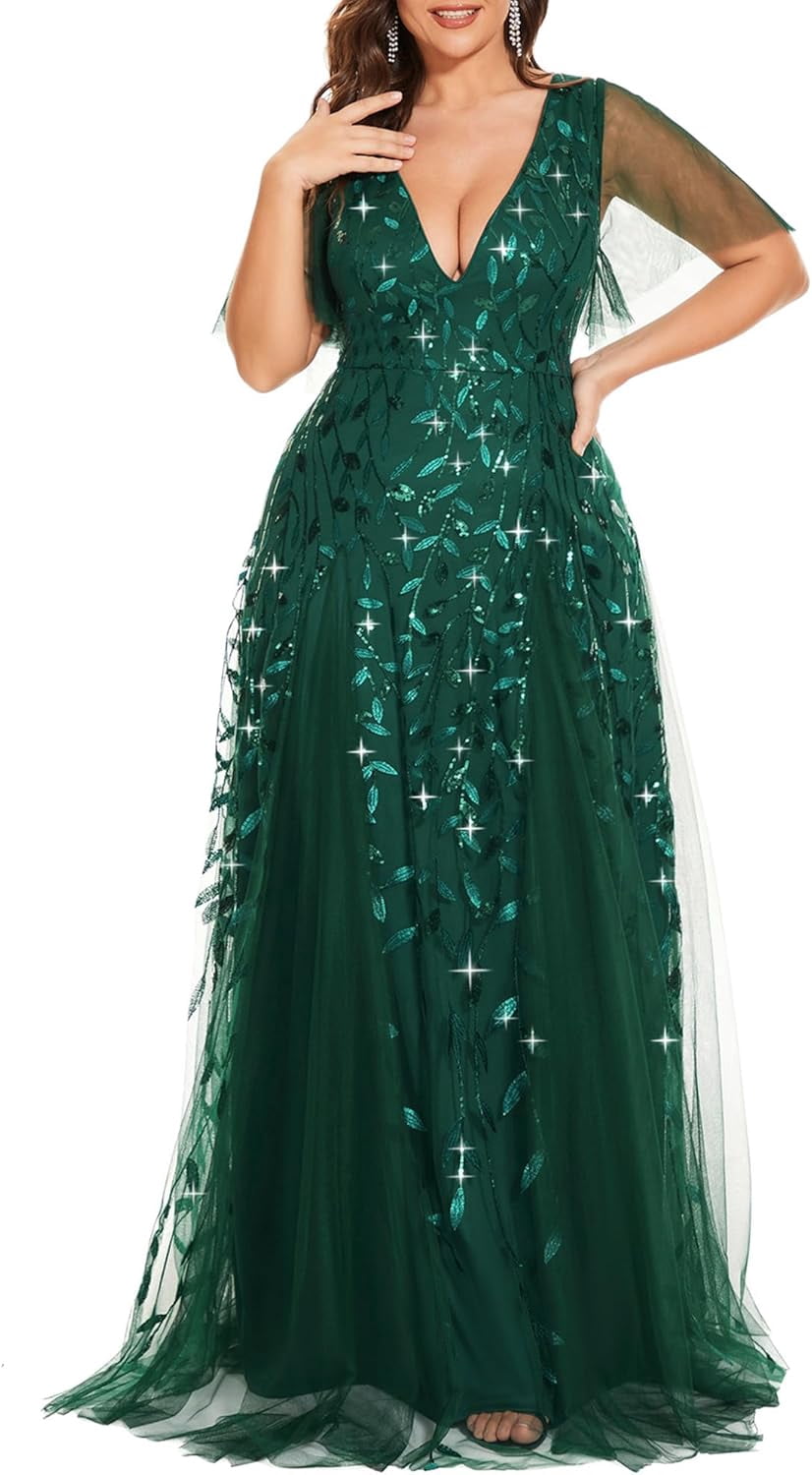 AURA Women's Plus Size Sequin Embroidered Formal Evening Gown V-Neck ...