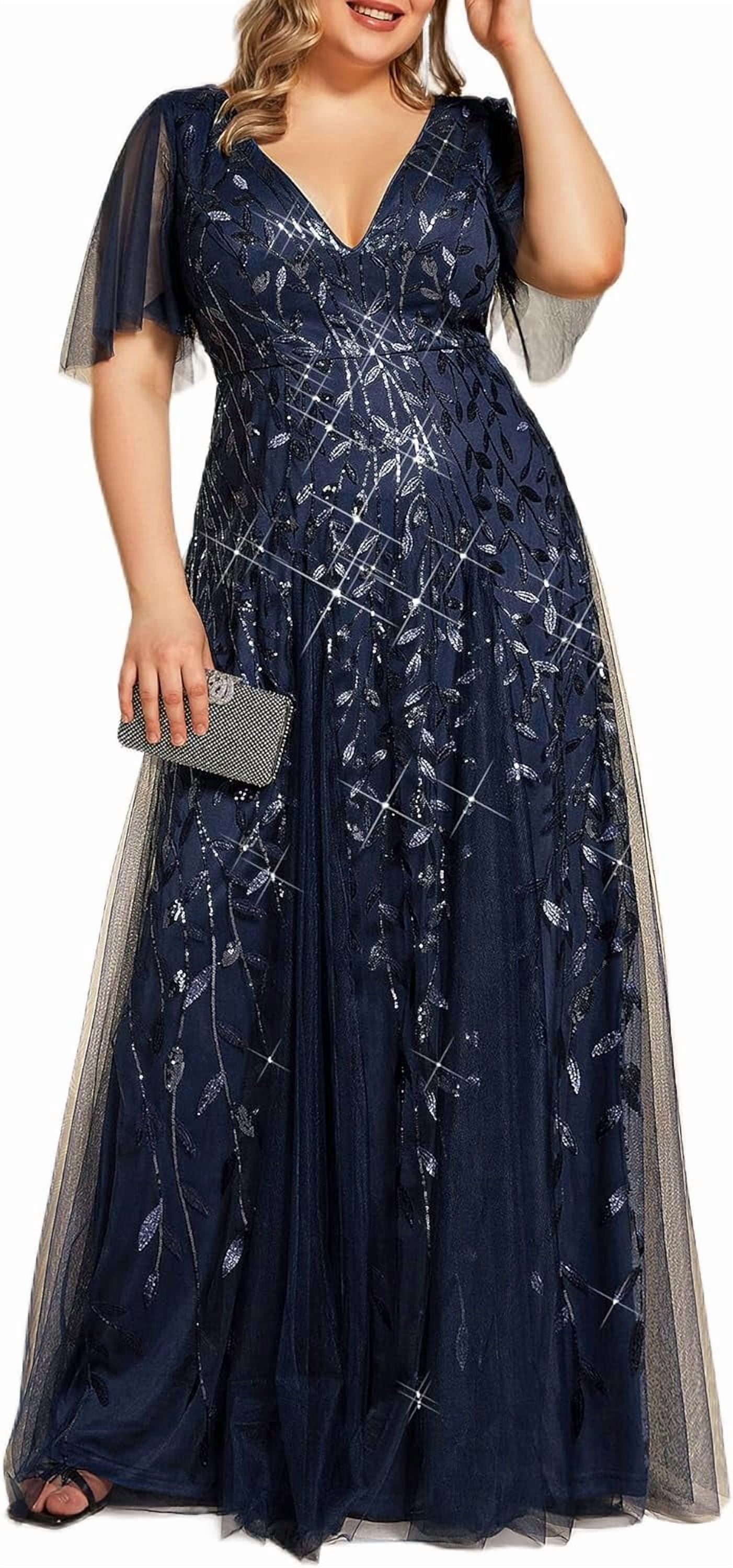 AURA Women's Plus Size Sequin Embroidered Formal Evening Gown V-Neck ...
