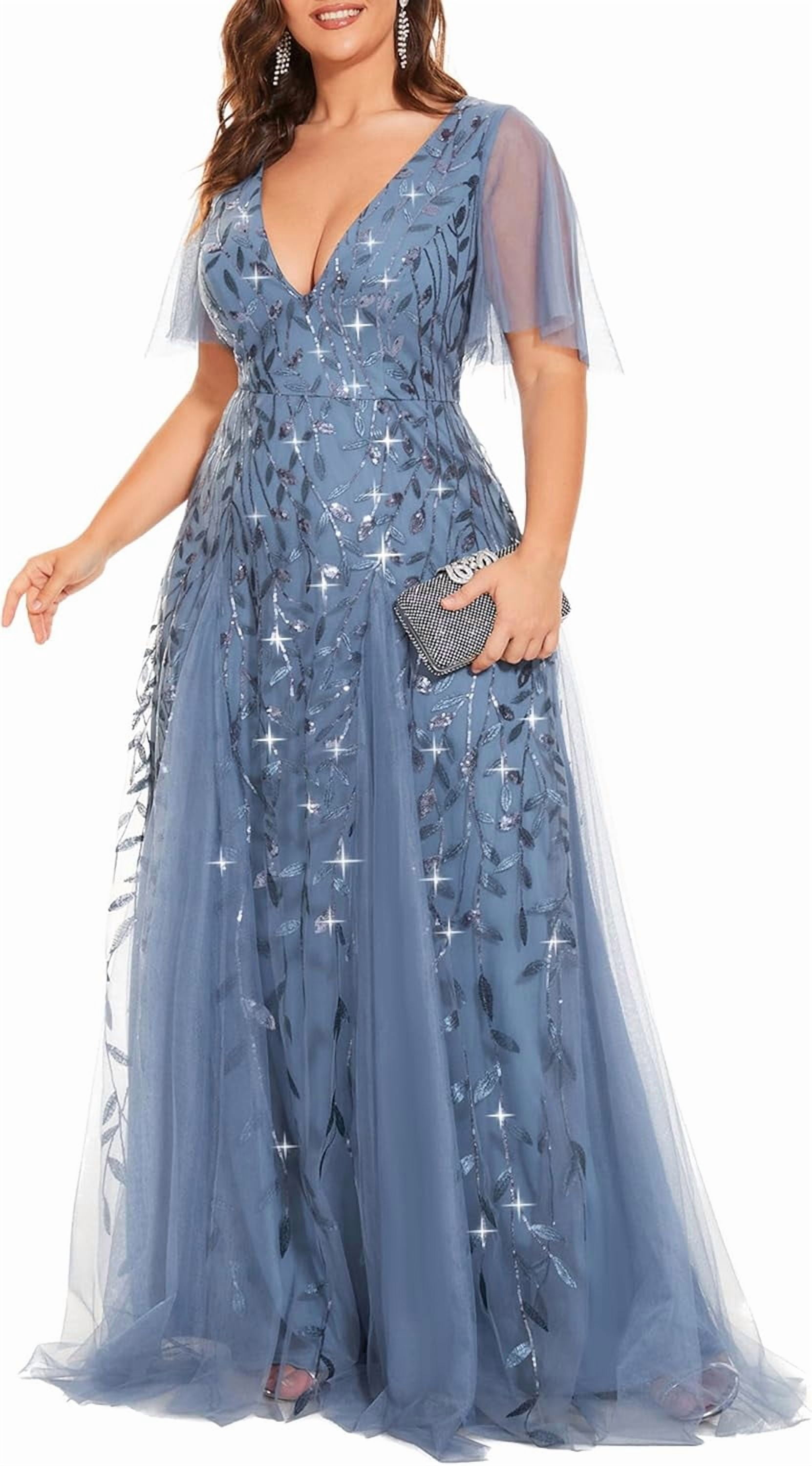 AURA Women's Plus Size Sequin Embroidered Formal Evening Gown V-Neck ...