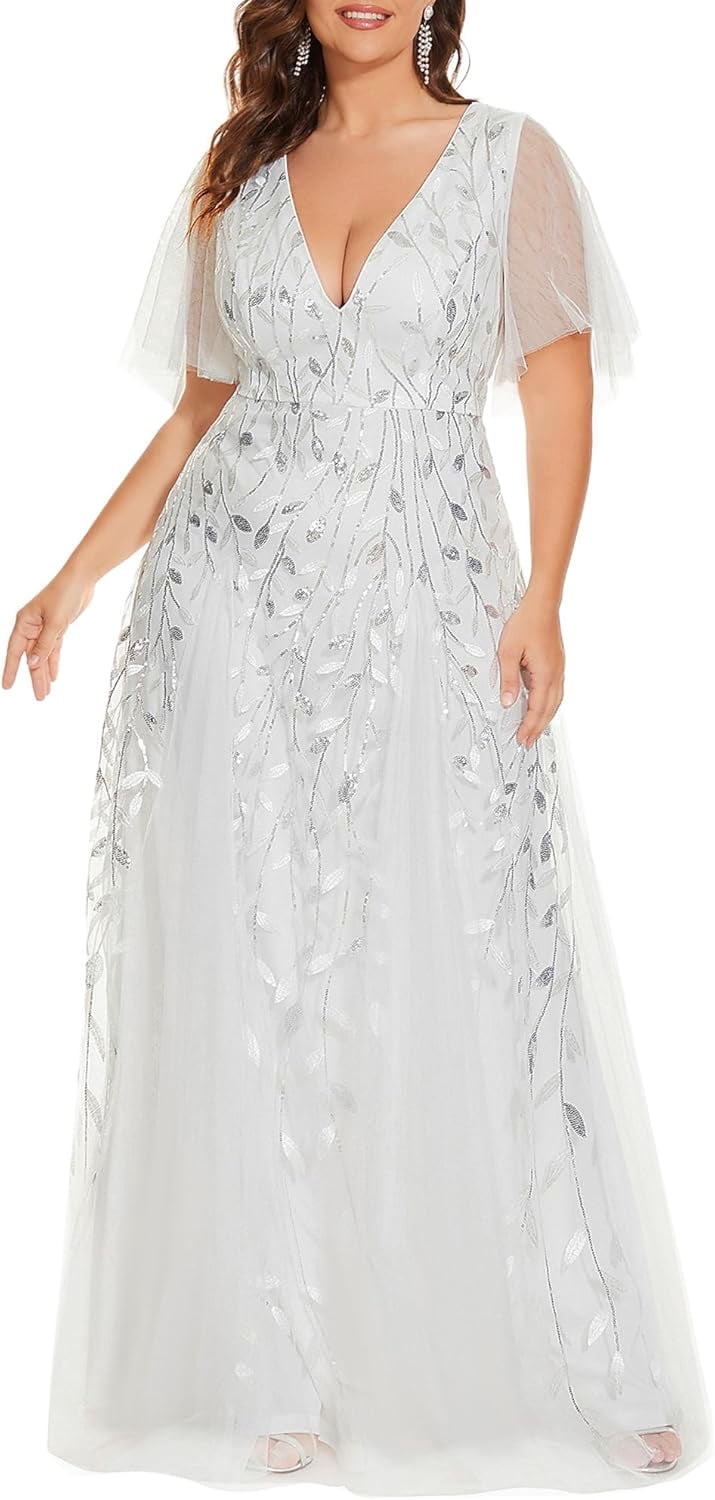 AURA Women's Plus Size Sequin Embroidered Formal Evening Gown V-Neck ...