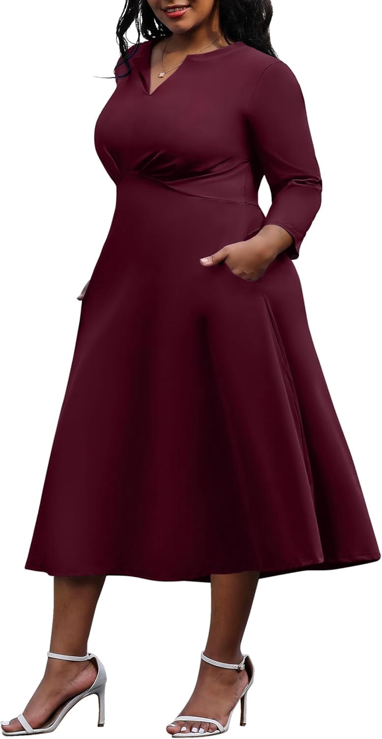 AURA Women's Plus Size Stretchy Flared Wrap Dress Casual Wedding Guest ...