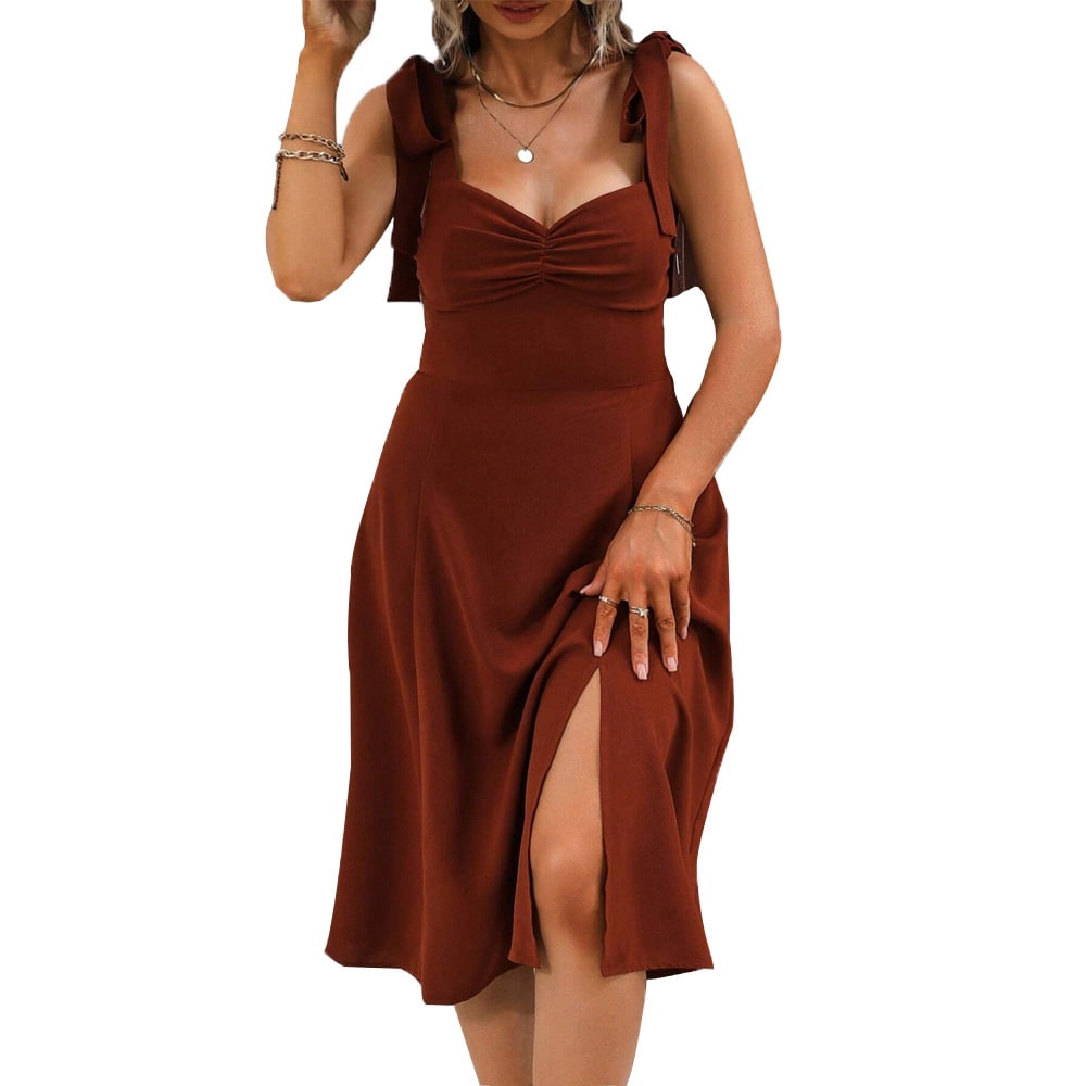 AURA Womens Elegant Knit Cami Midi Dress High Waist A Line Side Slit ...