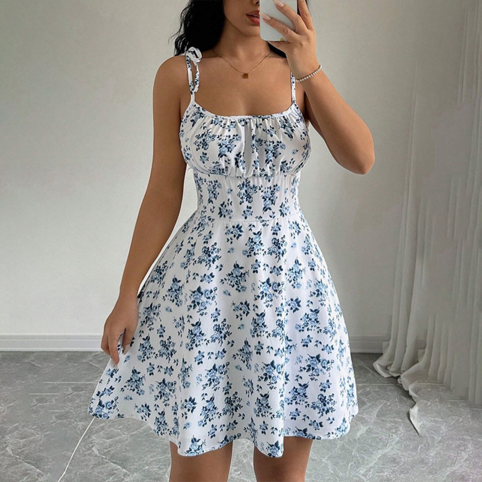 AURA Womens Floral Mini Dress Spaghetti Strap Summer A Line Casual Cute ...