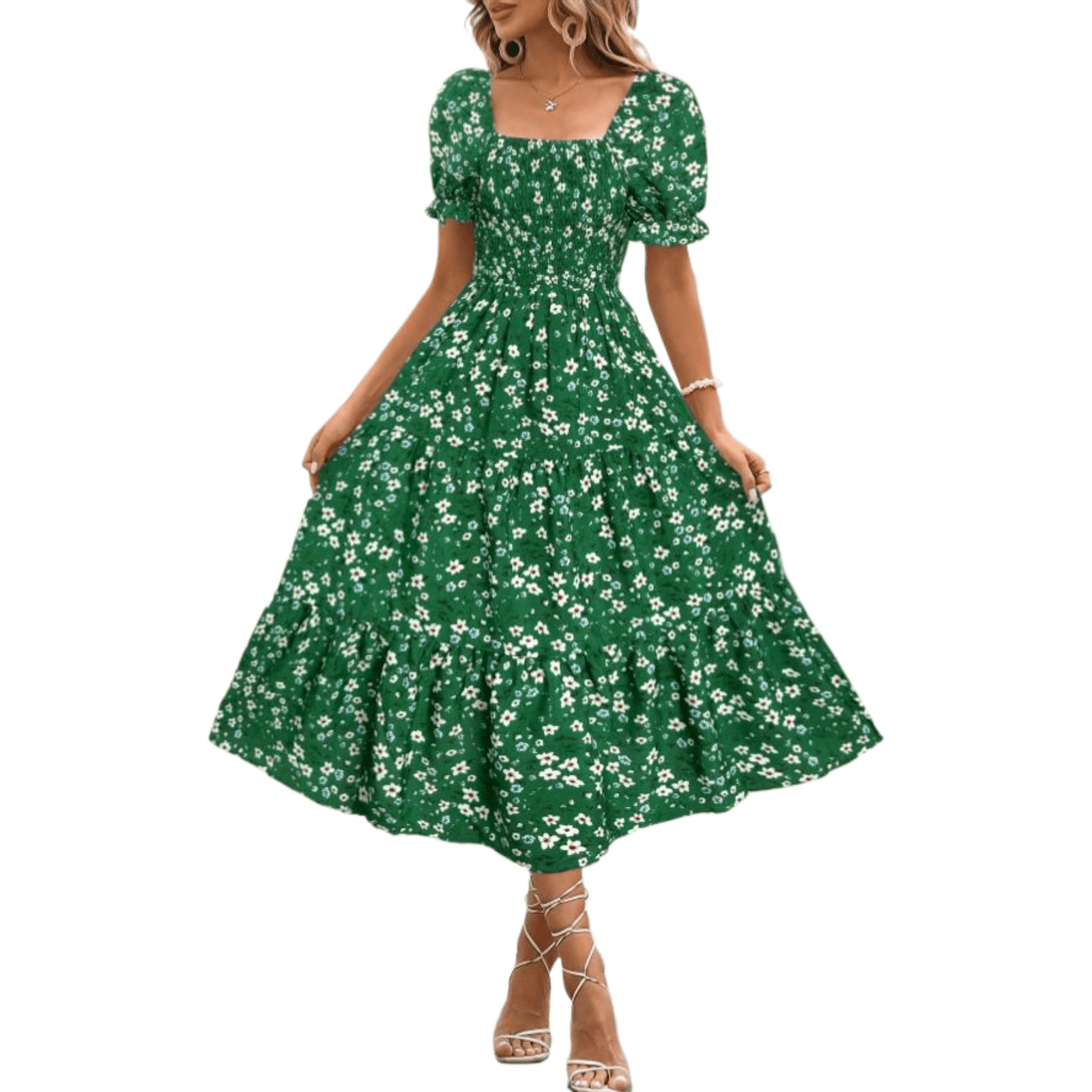 AURA Womens Floral Square Neck Midi Dress Puff Sleeve High Waist A Line ...