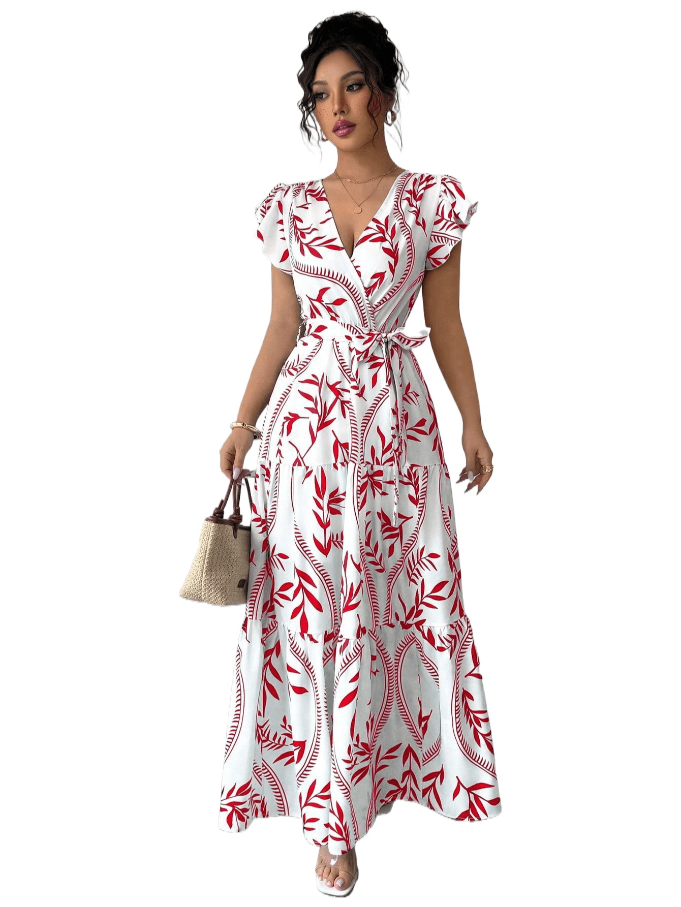 AURA Womens Floral Tie V Neck Ruffle Sleeve A Line Midi Dress Elegant ...