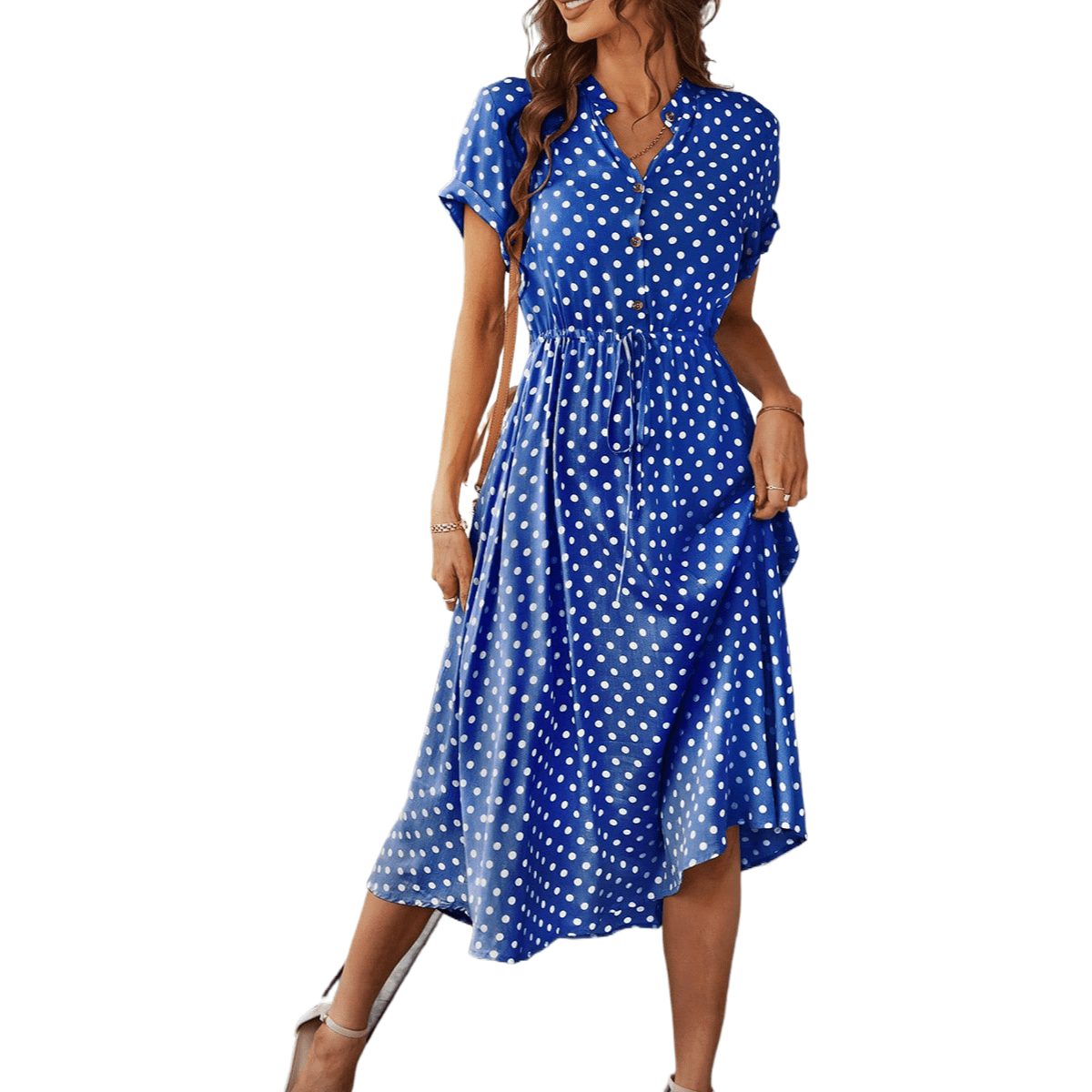 AURA Womens Polka Dot High Waist Tie A Line Maxi Dress Short Sleeve ...