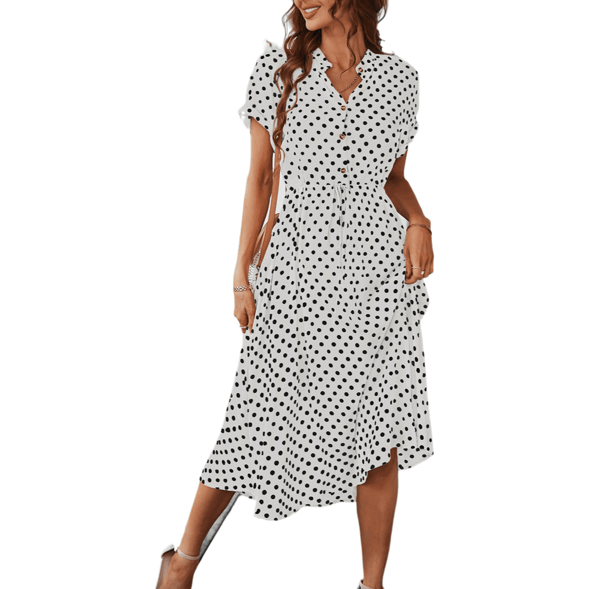 AURA Womens Polka Dot High Waist Tie A Line Maxi Dress Short Sleeve ...