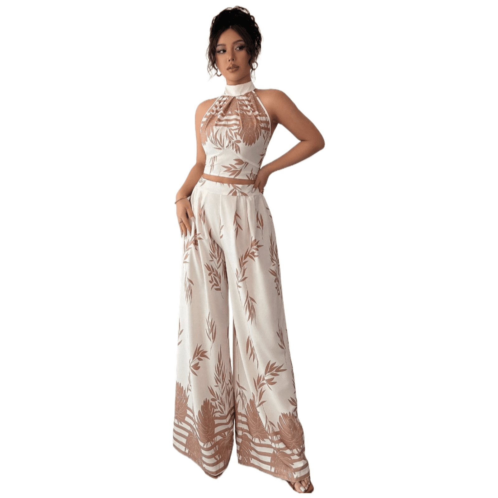 AURA Womens Printed Halter Neck Top and Wide Leg Pants Set Summer ...