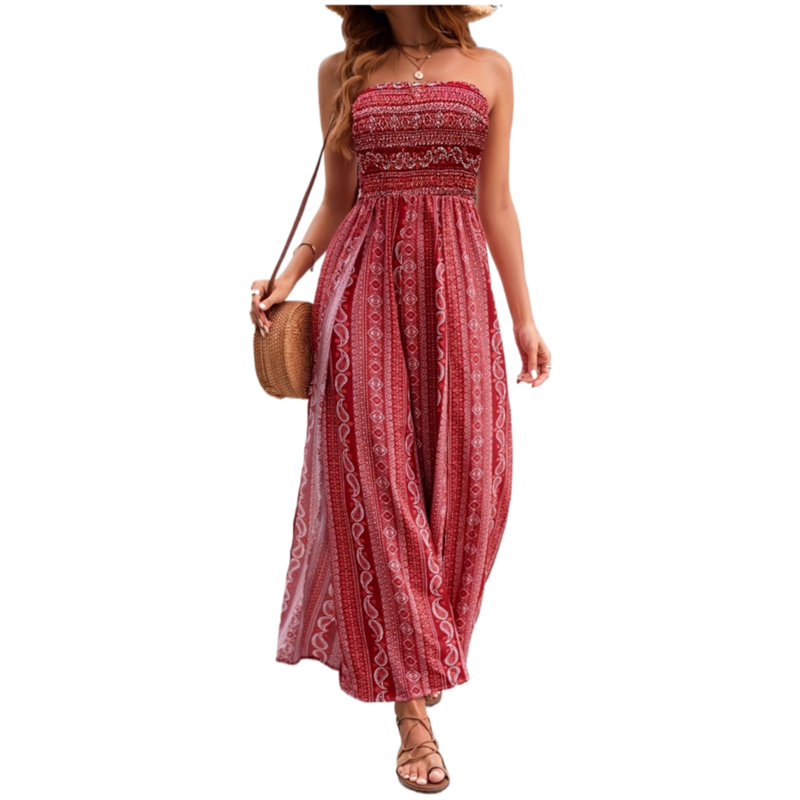 AURA Womens Strapless Wide Leg Jumpsuit Ethnic Print High Waist ...