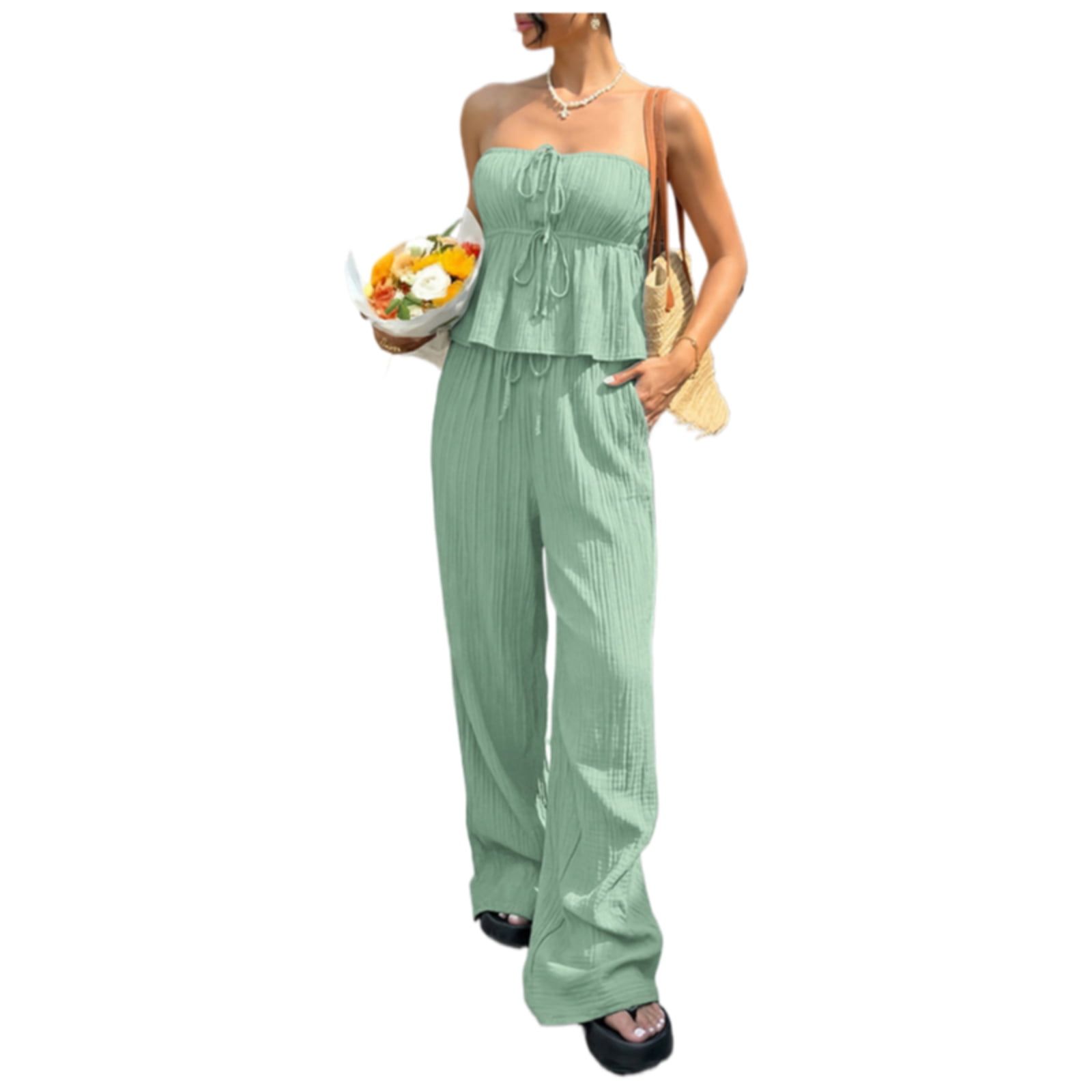 AURA Womens Tube Top Wide Leg Pants Set Sleeveless Two Piece Vacation ...