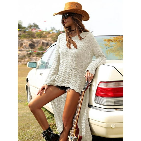 [ AURABOHO ] Women's Plain Hollow Out High Low Hem Cover Up Dress ...