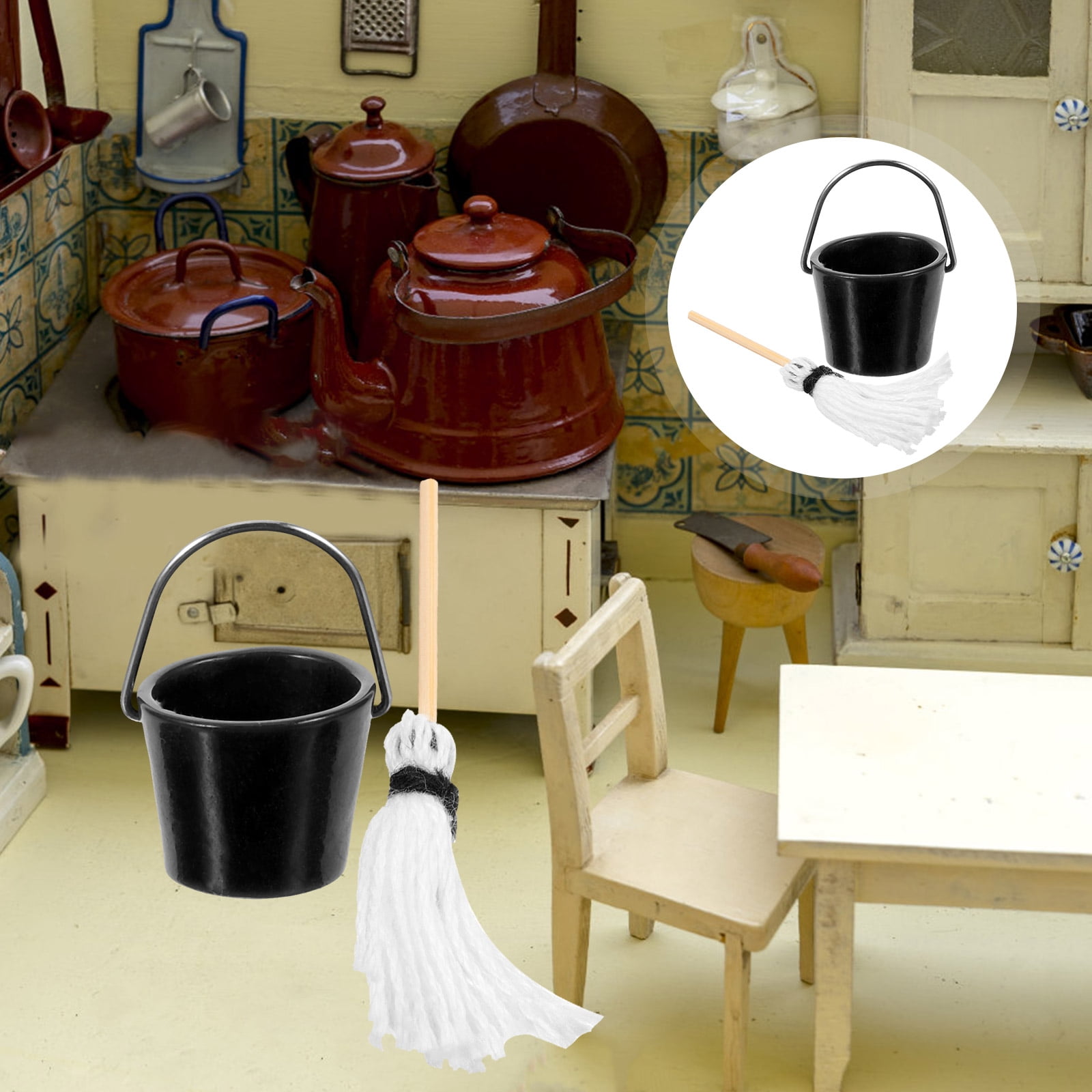 AURARMLET Dollhouse Tool Mini Buckets Mops Kits Plastic 2 Pcs 6.2cm ...