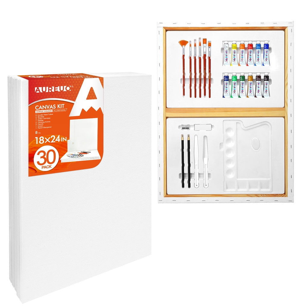 AUREUO 18x24 inch Stretched Canvas for Painting 5 Pack with Paints ...