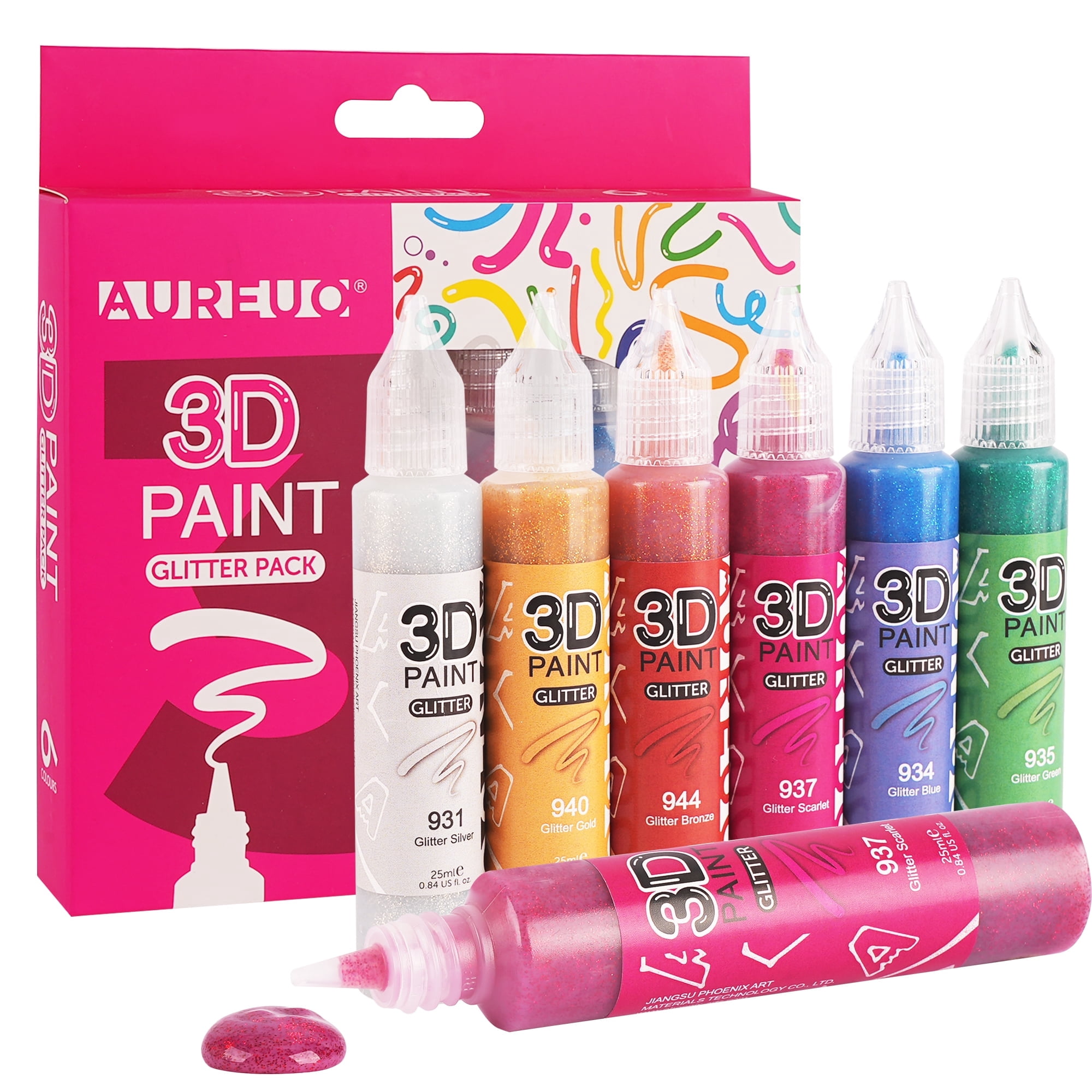 AUREUO 3D Acrylic Paint Pens - 6 Colors x 0.85 Oz / 25ml - Glitter ...