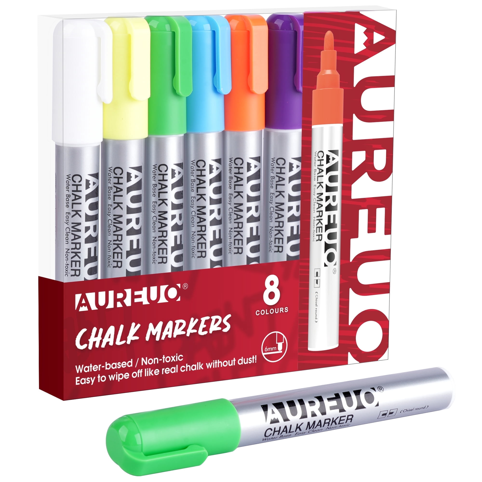 AUREUO Chalk Markers - 8 Vibrant Colors, Water Based, Non-Toxic ...