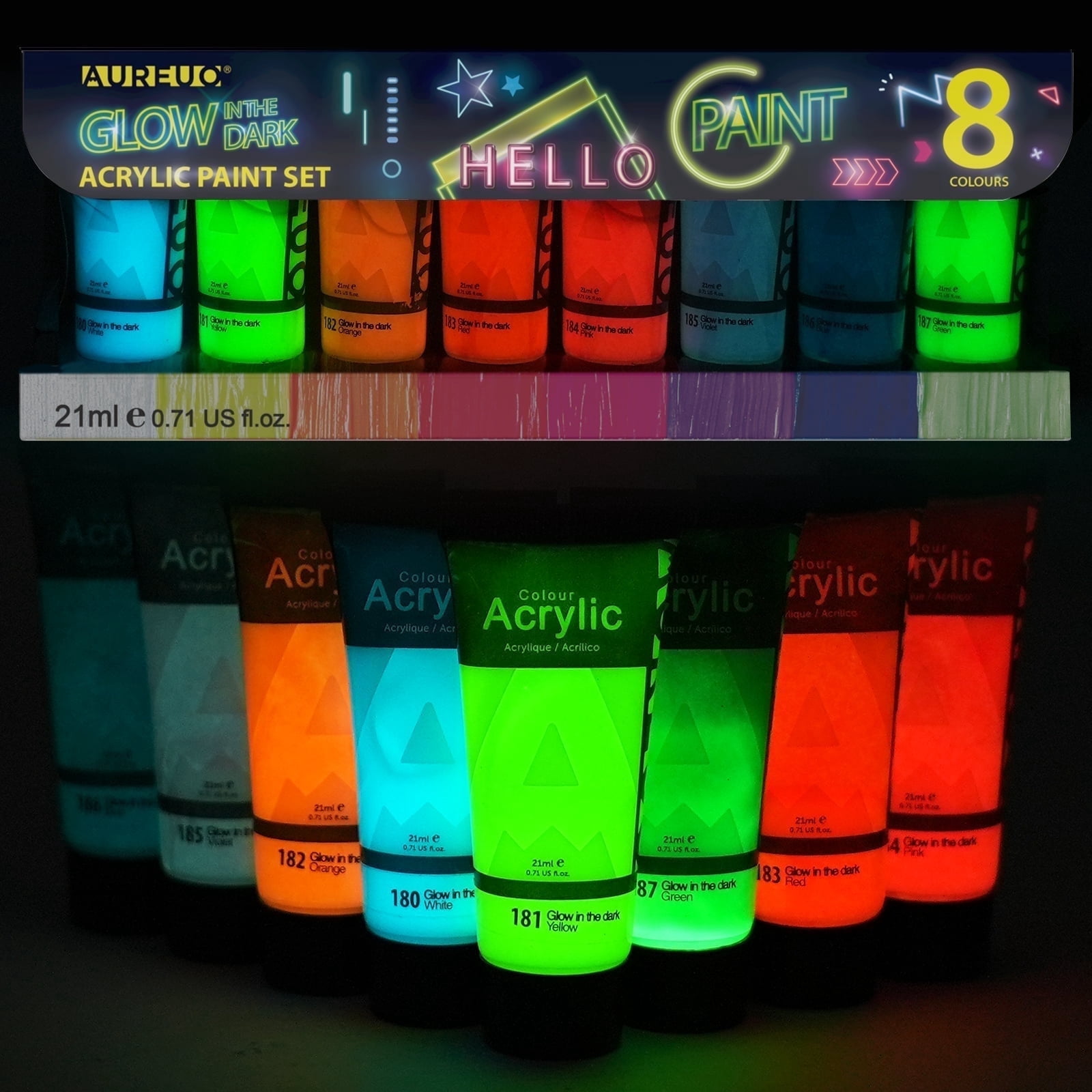 AUREUO Glow in the Dark Acrylic Paint, 8 Colors x 0.71 fl oz / 21ml ...