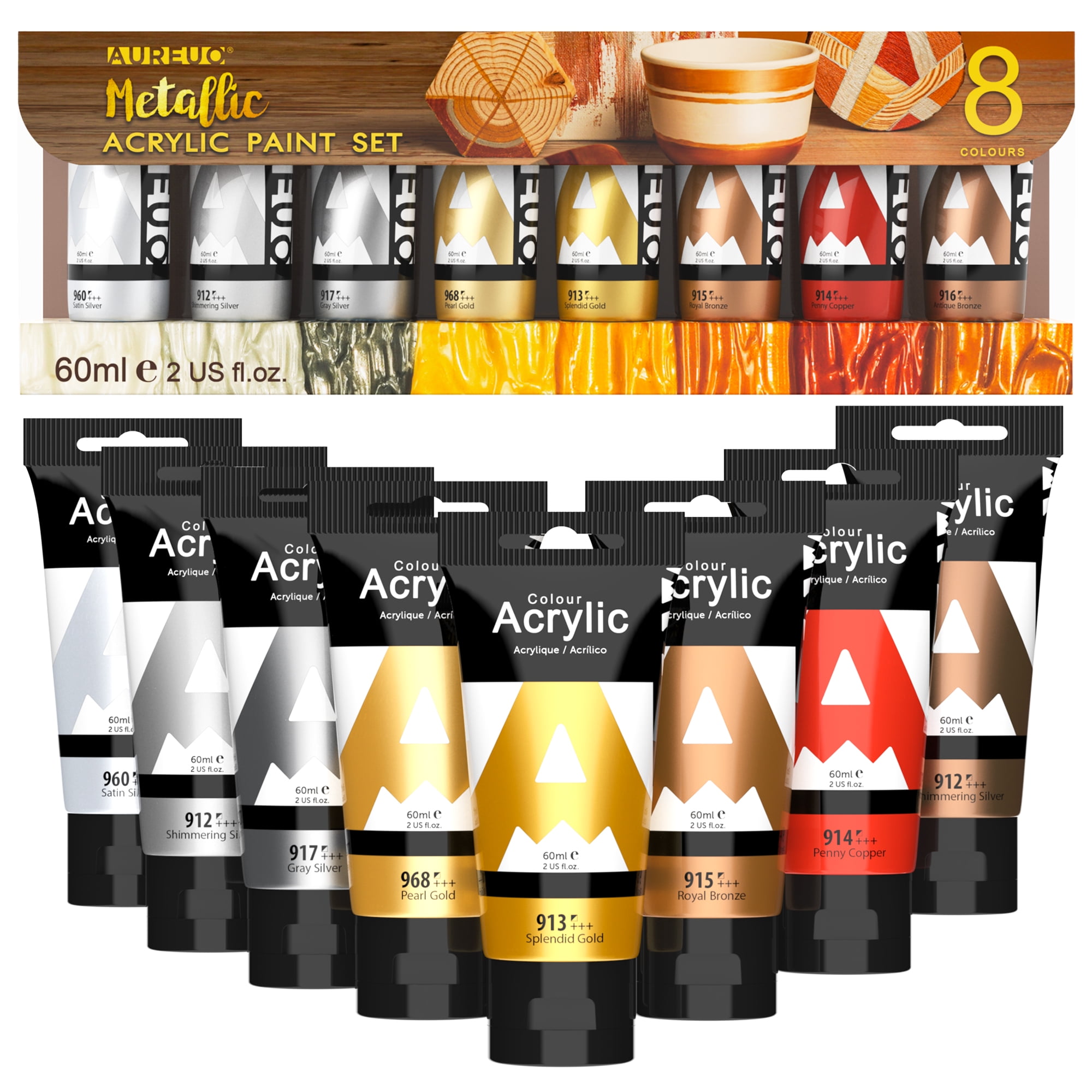 AUREUO Metallic Acrylic Paint Set - 8 Essential Colors 2 Fl Oz / 60ml ...