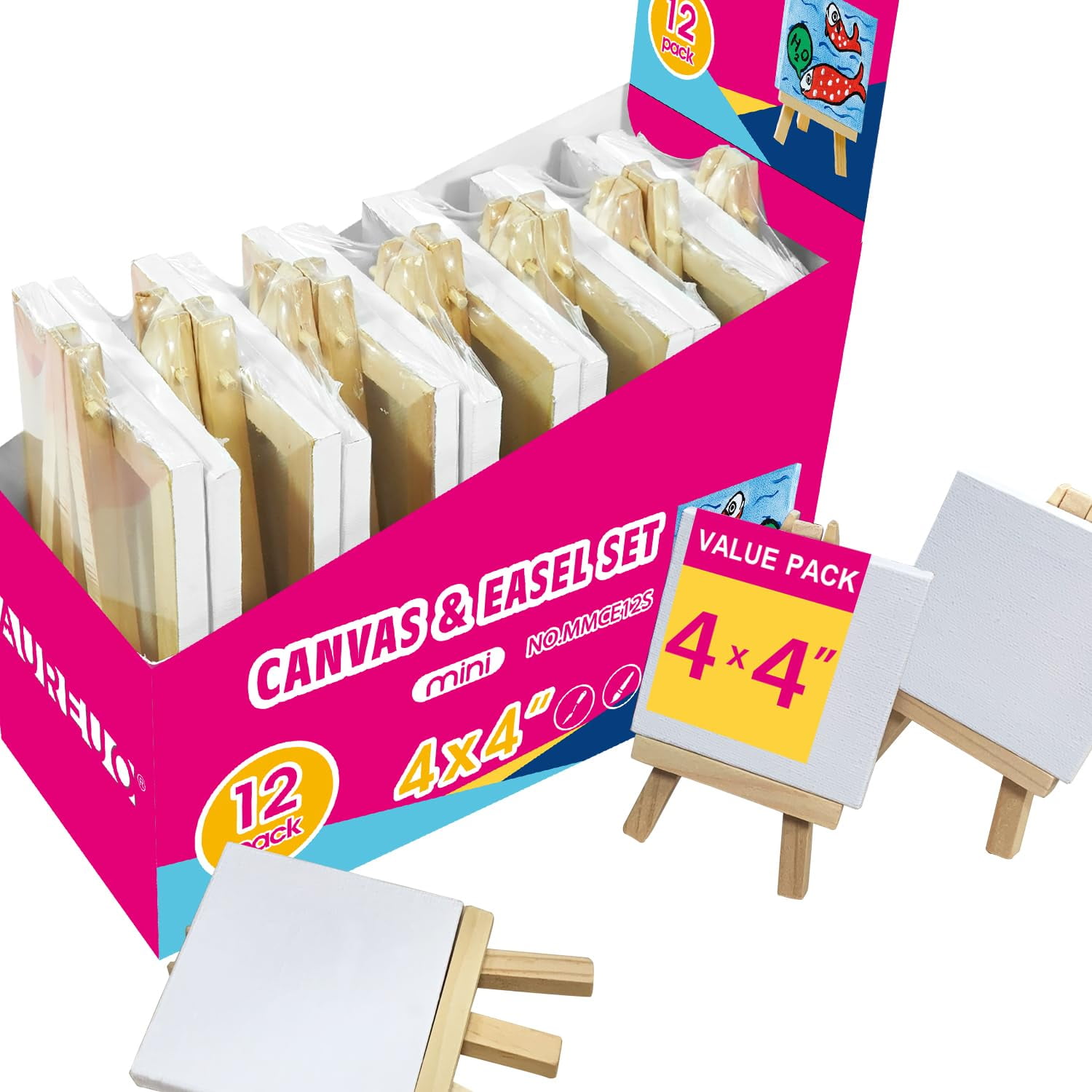 AUREUO Mini Canvas and Easel Set - 4x4 Inch/ 12 Pack - 2/5 Inch Profile ...
