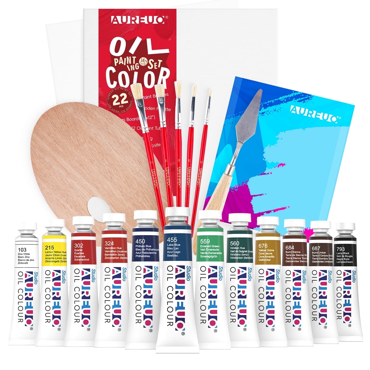 AUREUO Oil Paint Set, 12 Colors, 9x12 Inch Canvas Boards, 5 Brushes ...