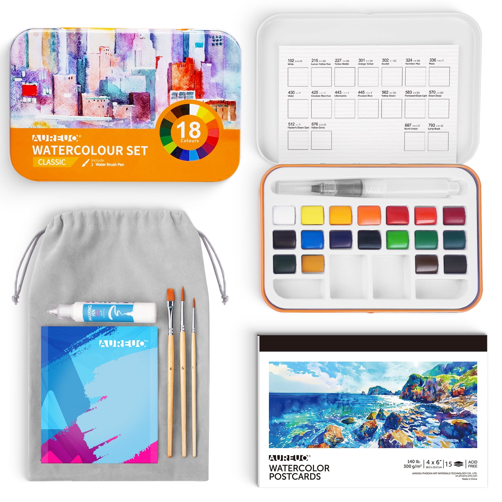 AUREUO Travel Watercolor Set - 18 Classic Color Watercolor Paint Set ...