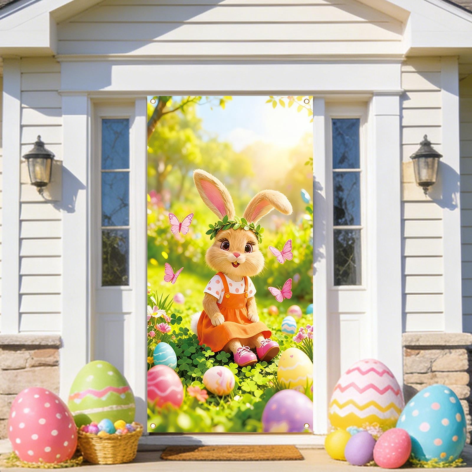 AURIGATE 35 X 71 In Easter Bunny & Floral Meadow Door Cover - Egg Hunt ...