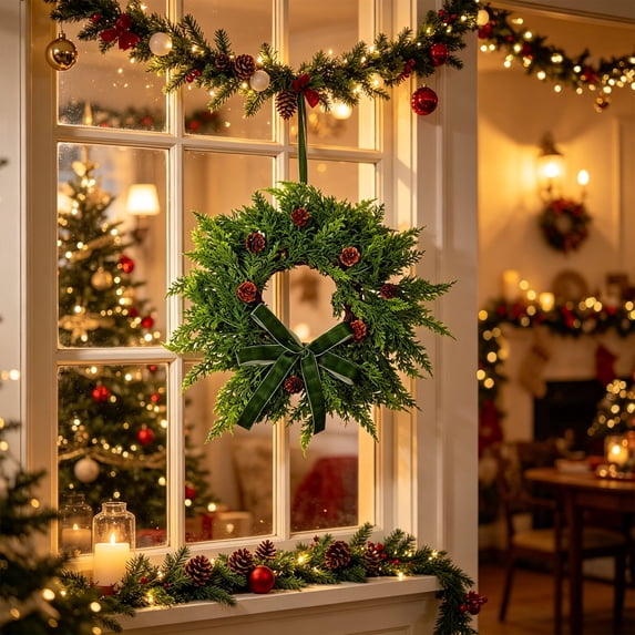 AURIGATE Artificial Christmas Norfolk Pine Wreath, Plastic Fake ...